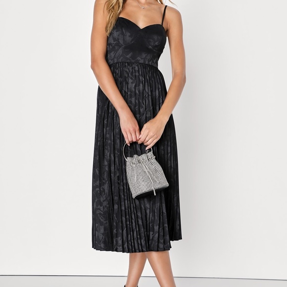 Lulus | Dresses | Lulus Black Satin Jacquard Pleated Midi Dress | Poshmark